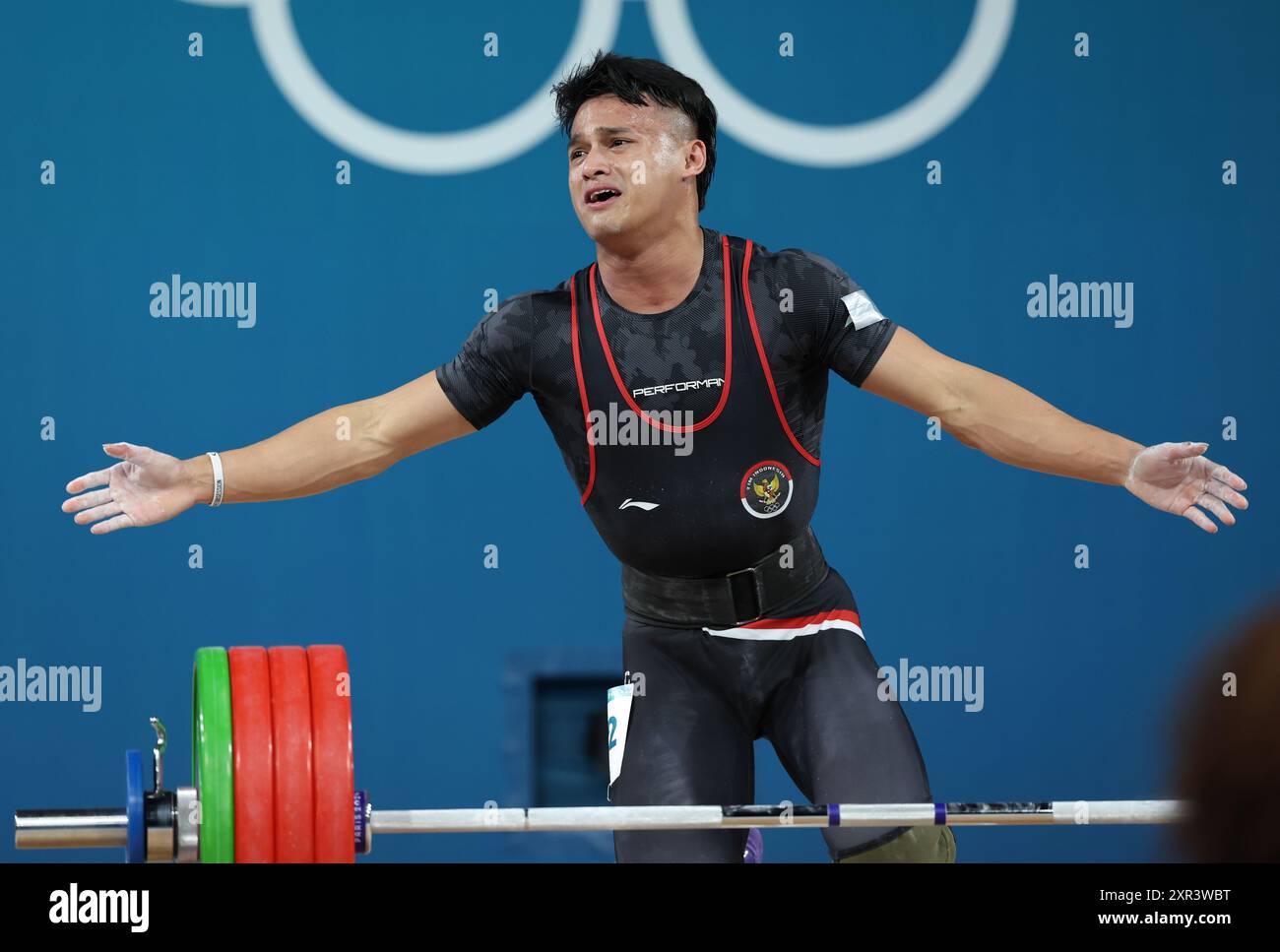 Paris, France. 8th Aug, 2024. Rizki Juniansyah of Indonesia reacts ...