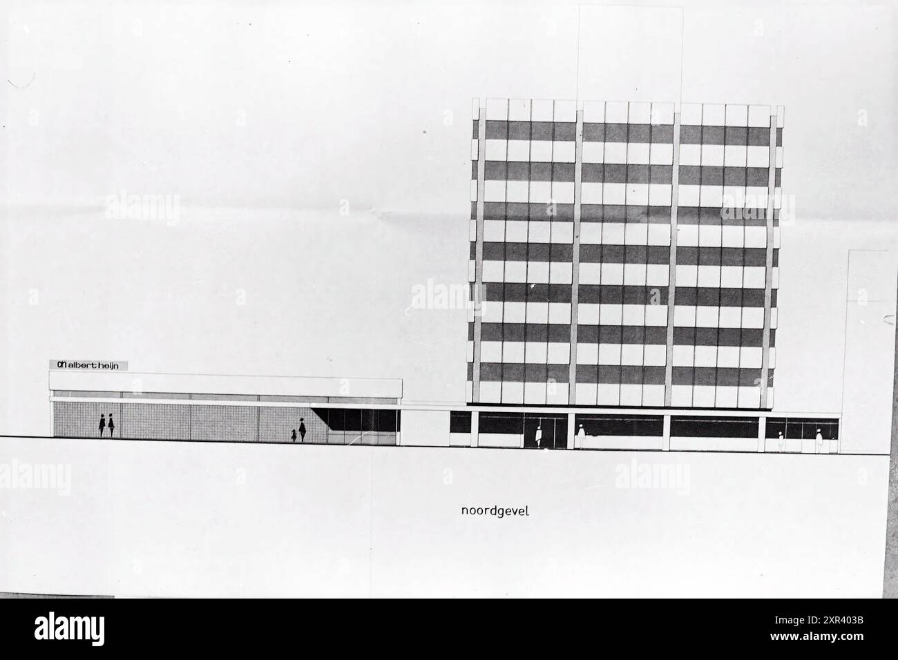 Drawing of an office building with a low-rise supermarket, Whizgle ...