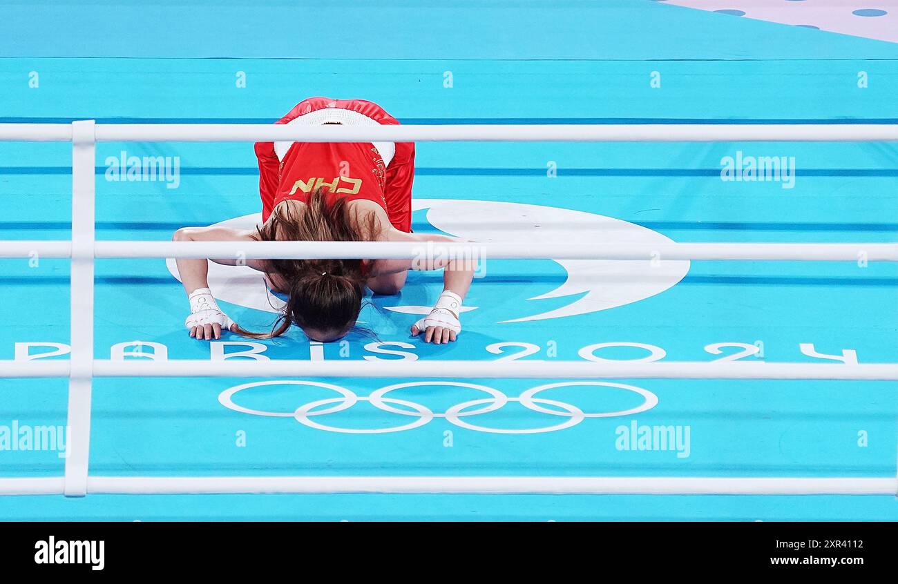 Paris, France. 8th Aug, 2024. Chang Yuan of China celebrates after ...