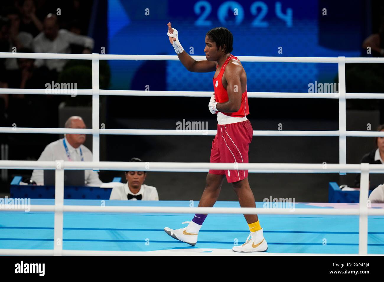 Refugee Olympic Team's Cindy Ngamba reacts after losing to Panama's ...