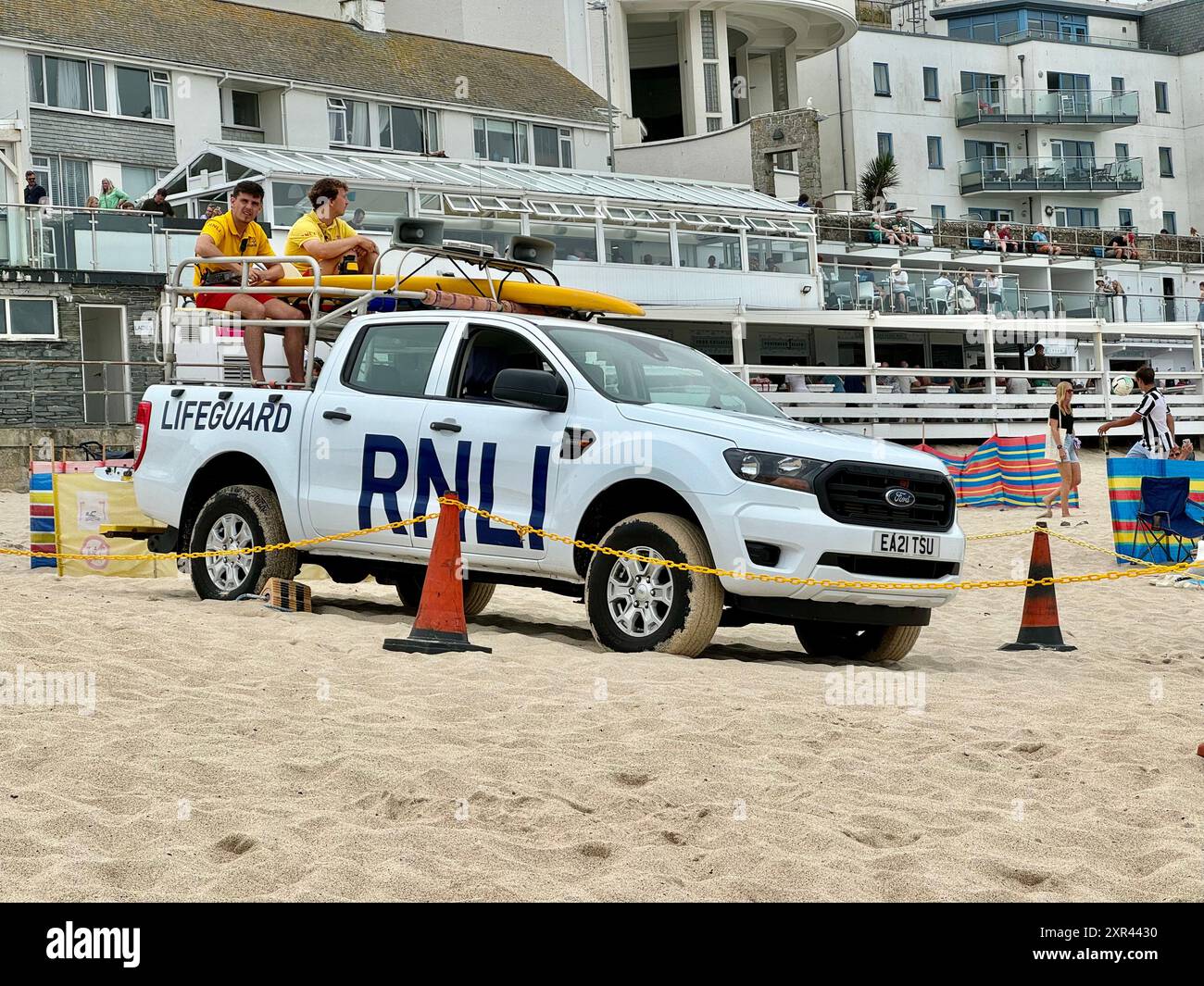 White Ford Ranger RNLI Lifeguard pickup on the beach Stock Photo - Alamy