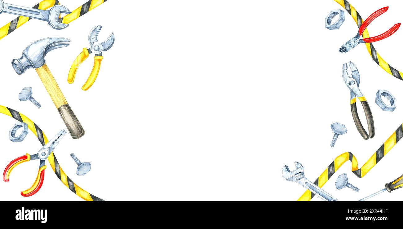 Labor Day watercolor banner with caution tape, yellow safety helmet ...