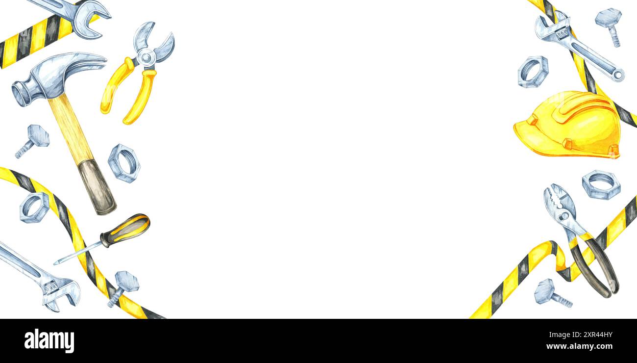 Labor Day watercolor banner with yellow safety helmet, surrounded by ...