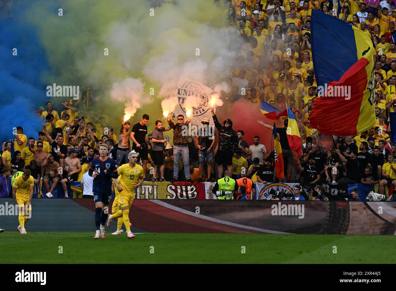 Romanian fans with flares during the UEFA 2024 EURO’s Round of 16 match ...