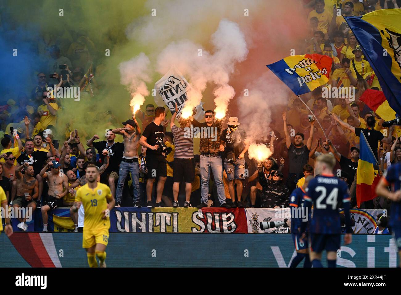 Romanian fans with flares during the UEFA 2024 EURO’s Round of 16 match ...
