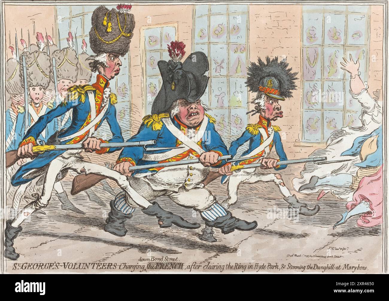 A humorous cartoon print coloured engraving of St Georges volunteers ...