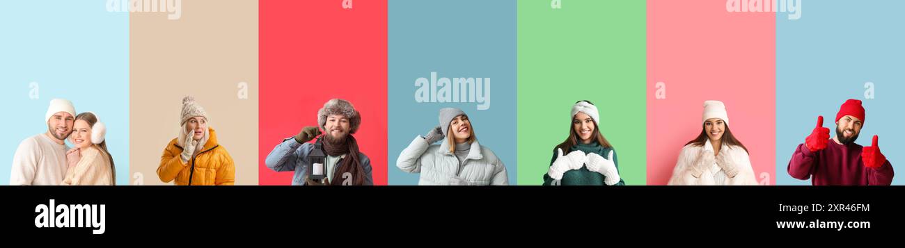 Collage of people in stylish winter clothes on color background Stock ...