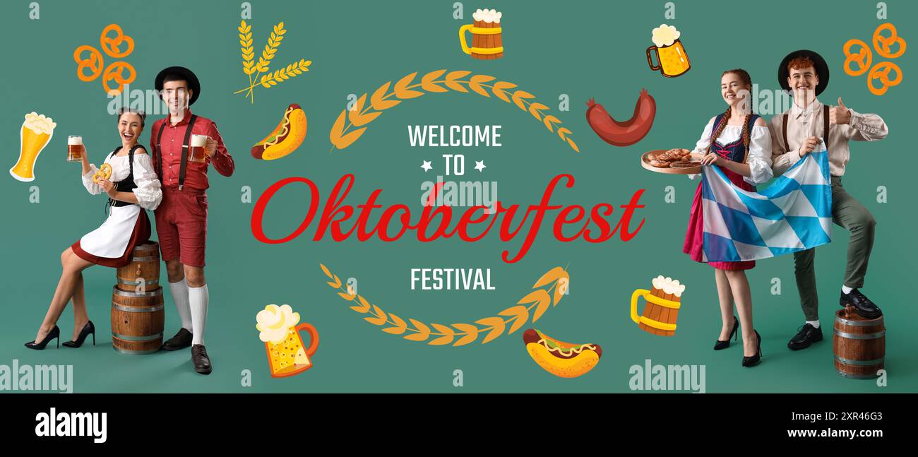 Greeting banner for Octoberfest with happy people on green background ...