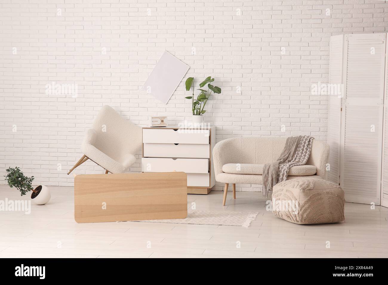 Interior of damaged living room with armchairs after earthquake Stock ...