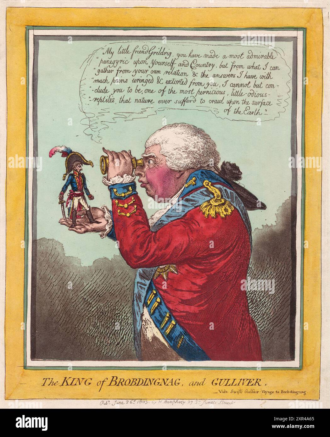 A humorous cartoon print coloured engraving of King of Brobingnag and ...