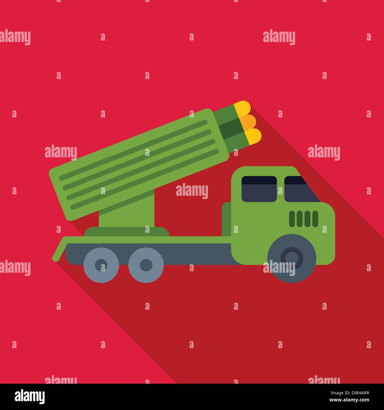 Green military truck transporting rocket launcher system on red ...