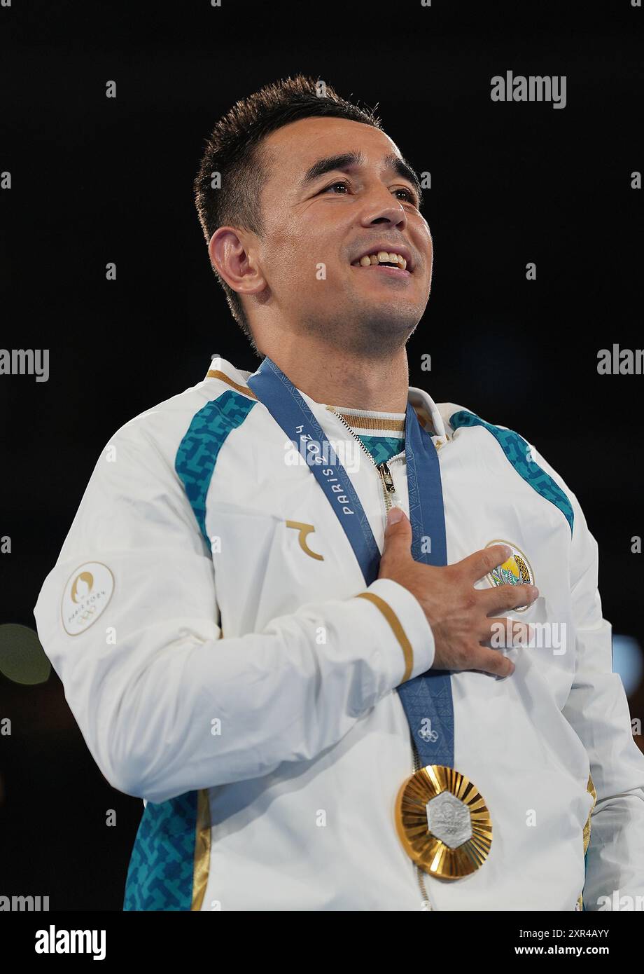 Paris, France. 8th Aug, 2024. Gold medalist Hasanboy Dusmatov of Uzbekistan attends the victory ...