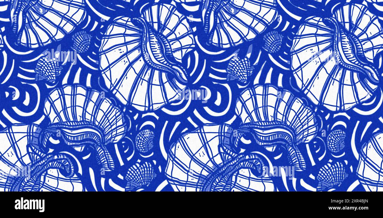 Azure blue white shell motif with linen seamless batik border ...