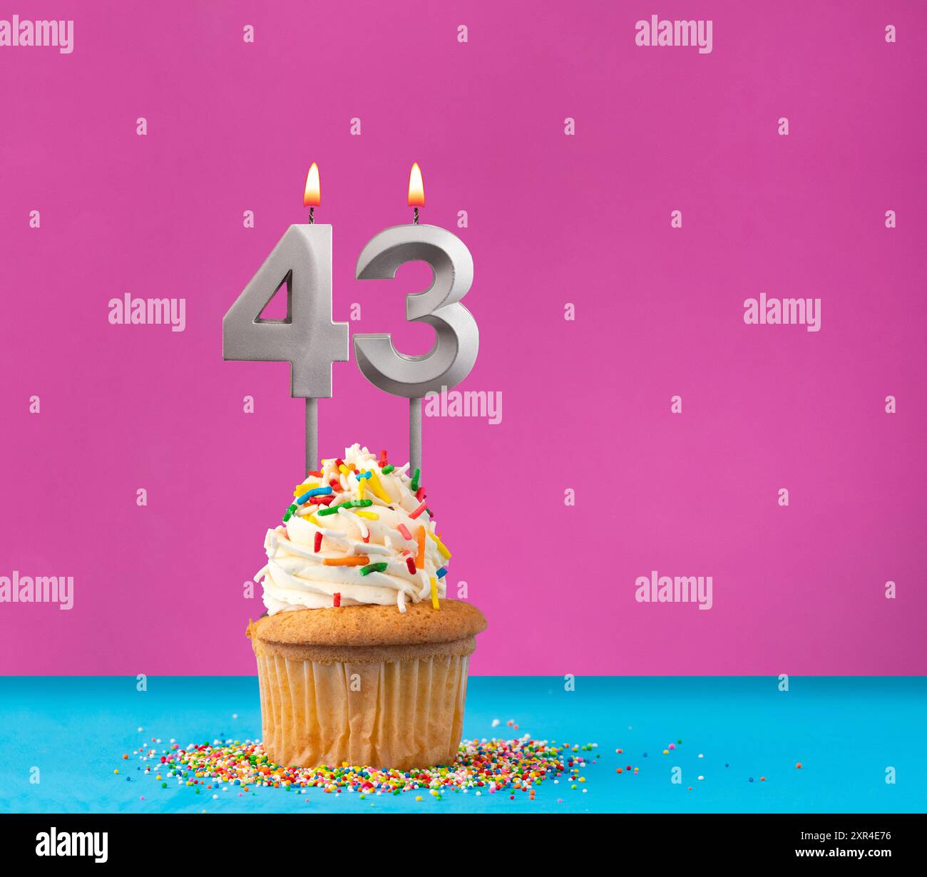 Cupcake with birthday candle number 43 - Anniversary card on blue and ...
