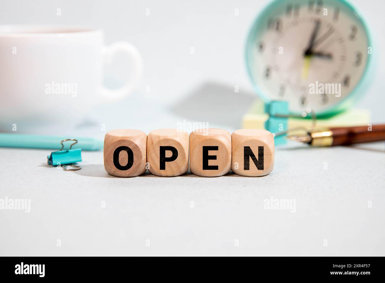 OPEN word made with building blocks isolated on white Stock Photo - Alamy