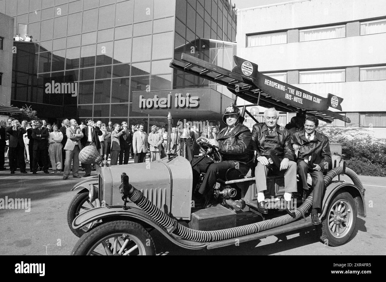 Reopening Red Baron bar hotel Ibis, exterior with antique fire truck ...