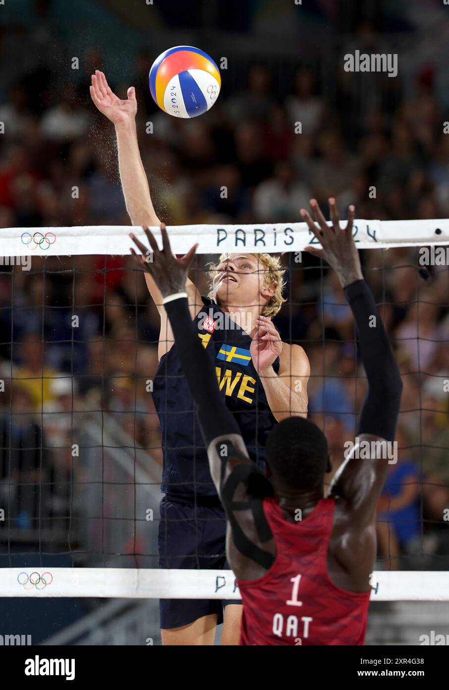 Paris, France. 8th Aug, 2024. David Ahman of Sweden spikes the ball ...