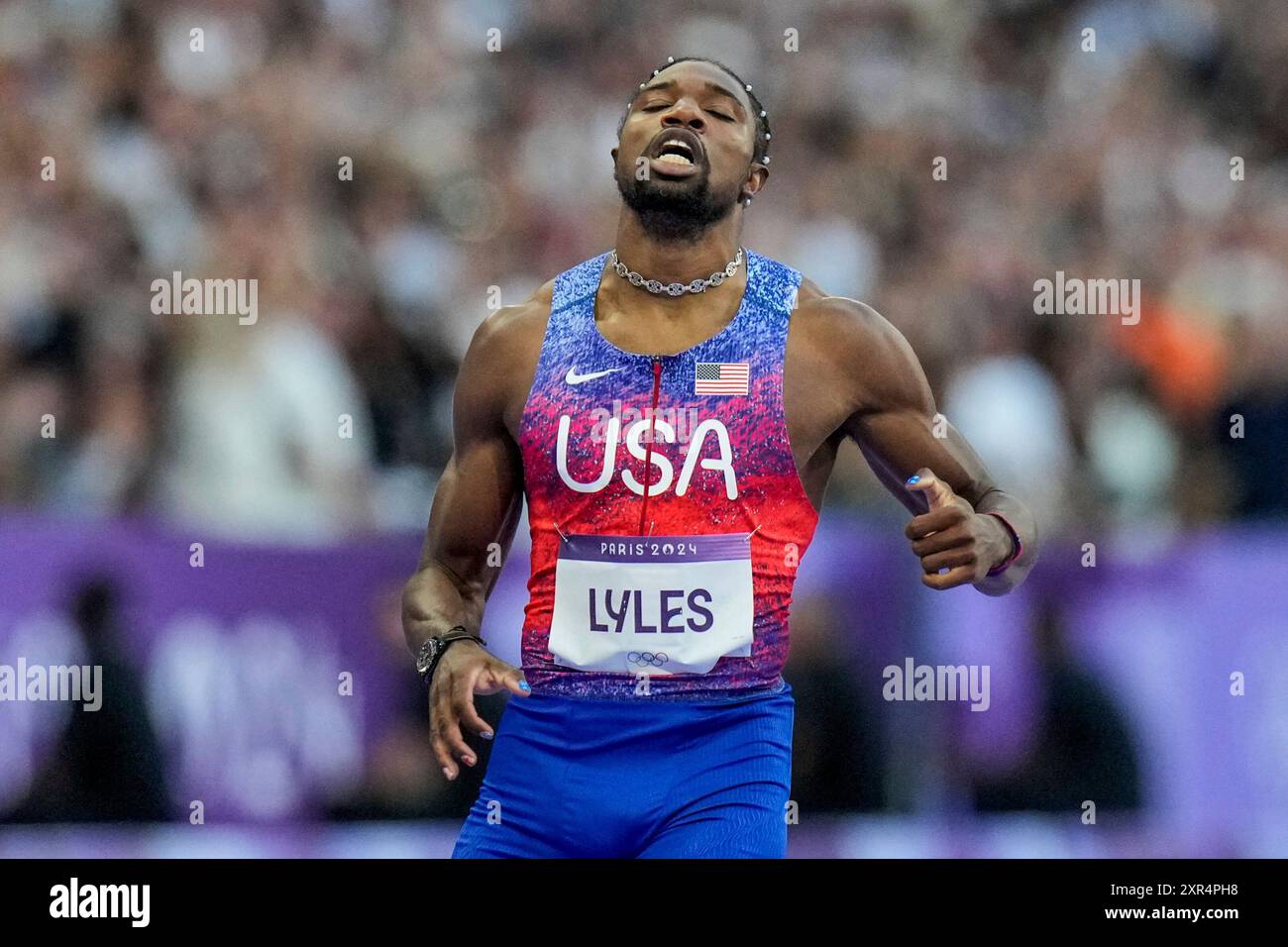 Paris, France. 08th Aug, 2024. Noah Lyles of Team USA crosses the ...