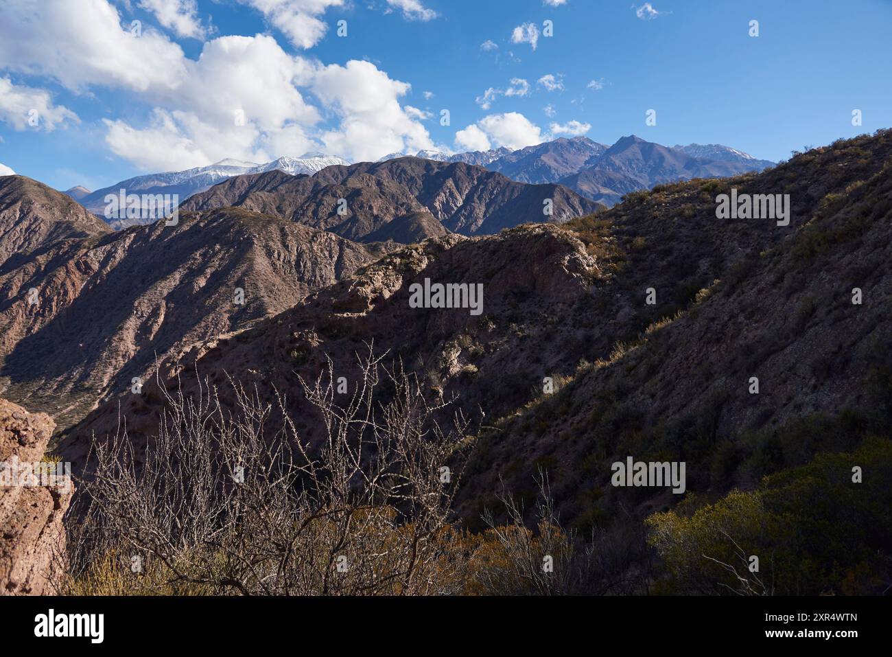 Mountainous landscape, mountain peaks in the Andean area of Potrerillos ...