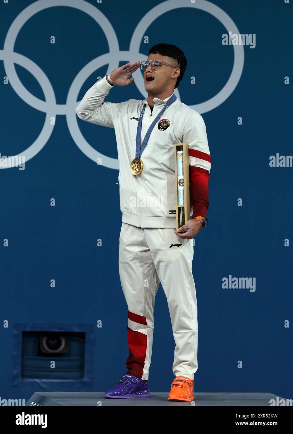 Paris, France. 08th Aug, 2024. Rizki Juniansyah of Indonesia celebrates ...
