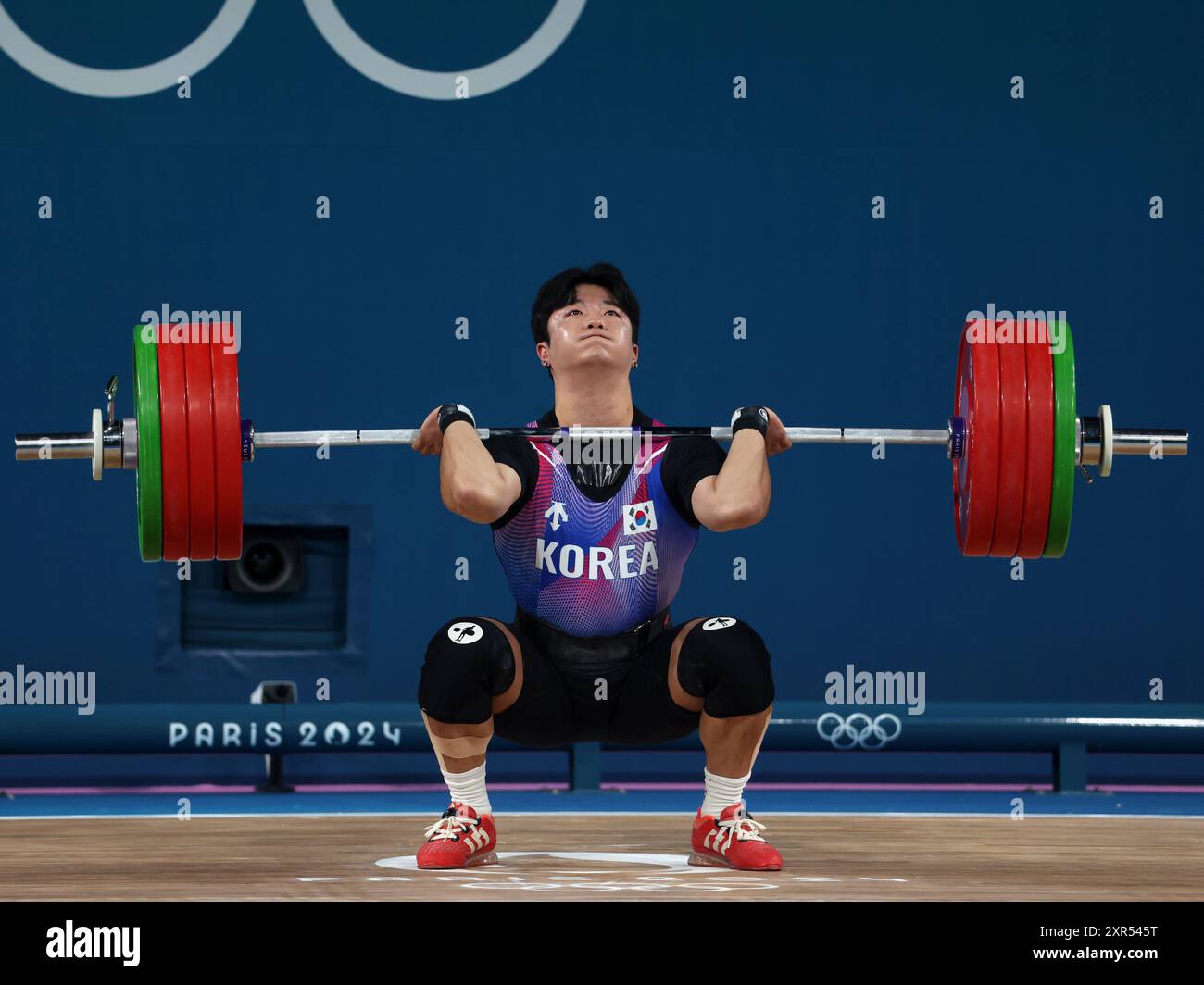 Paris, France. 08th Aug, 2024. Joohyo Bac of Korea performs during the Men's 73kg Weightlifting ...