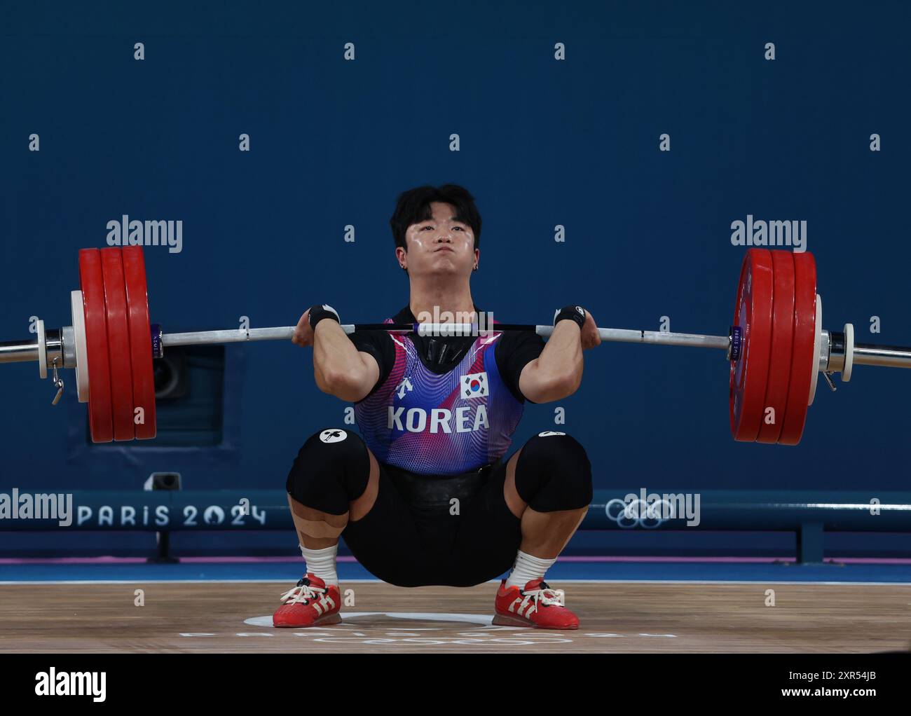 Paris, France. 08th Aug, 2024. Joohyo Bac of Korea performs during the Men's 73kg Weightlifting ...