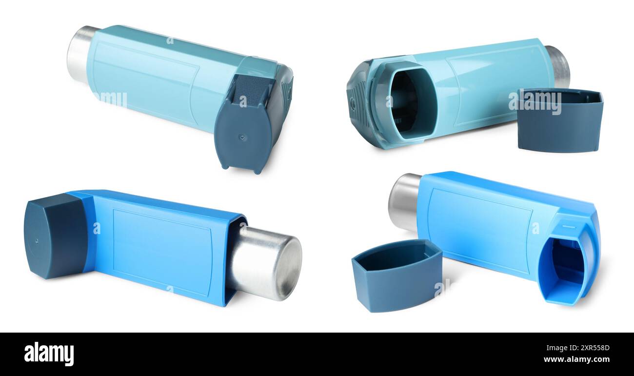 Inhalers isolated on white, collage. Asthma treatment Stock Photo - Alamy