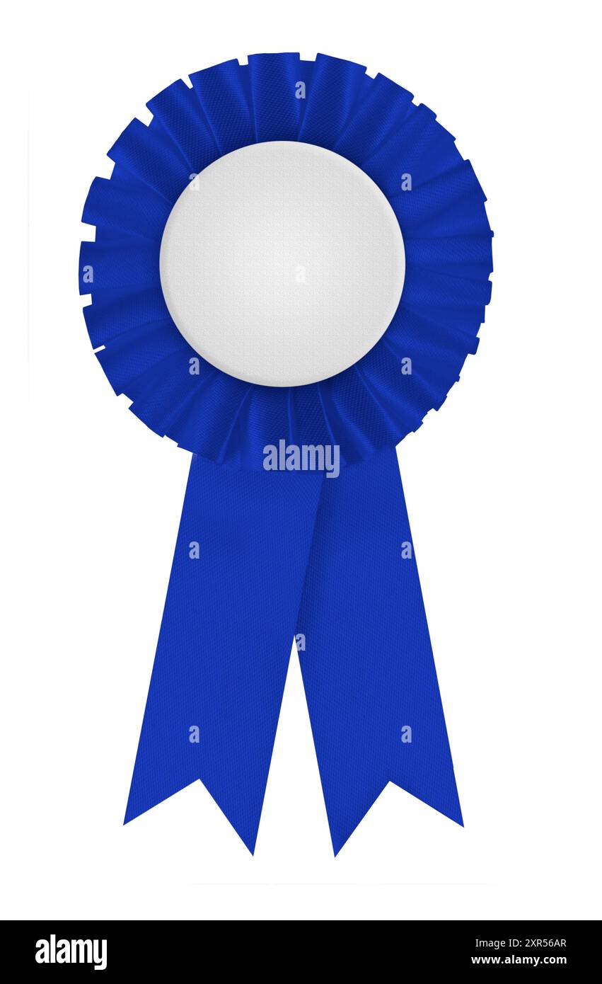 Circular pleated blue ribbon winners rosette with blank white center ...