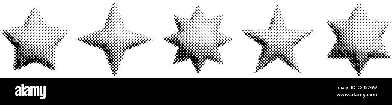 Halftone grain star set. Dotted 3d star shape collection. Y2K bitmap ...