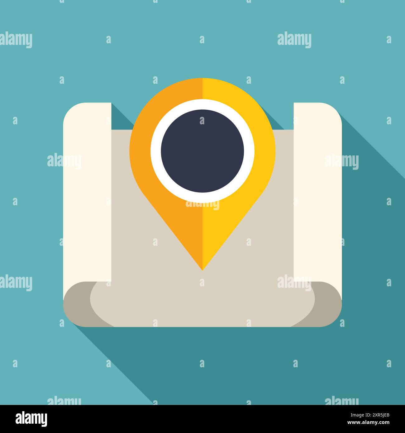 Yellow location pin is marking a destination spot on a folded paper map ...