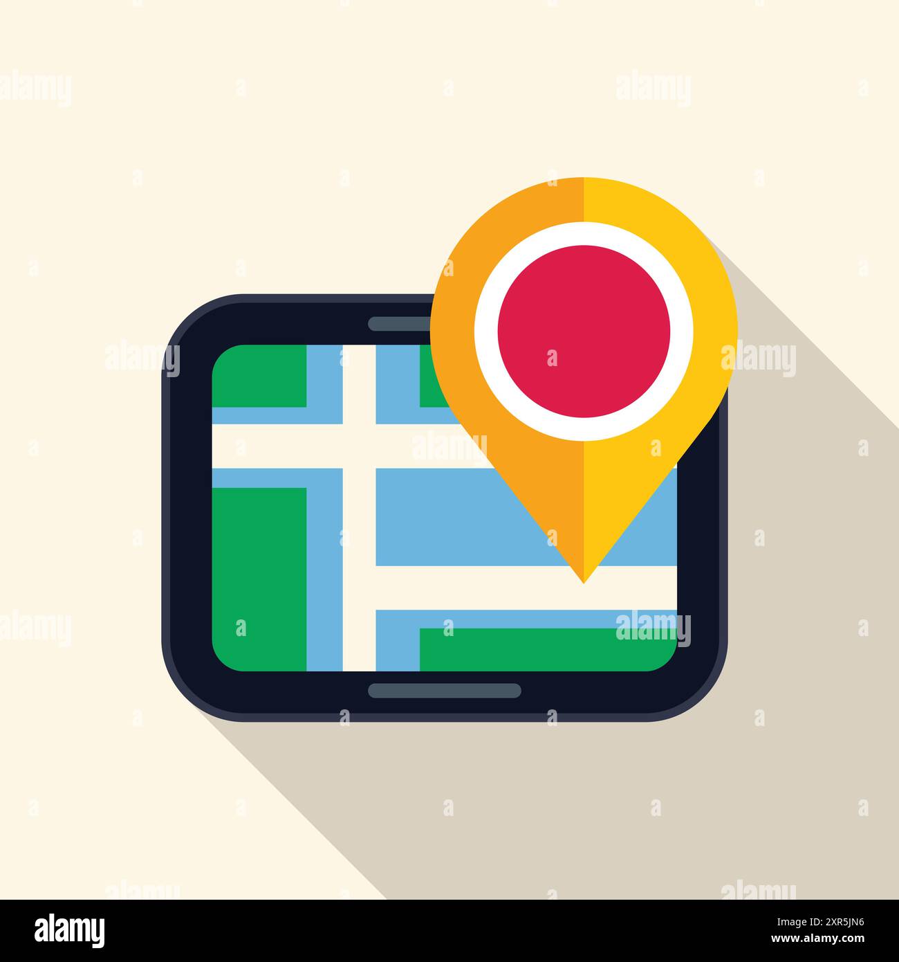 Mobile phone showing a city map on the screen and a location pin ...