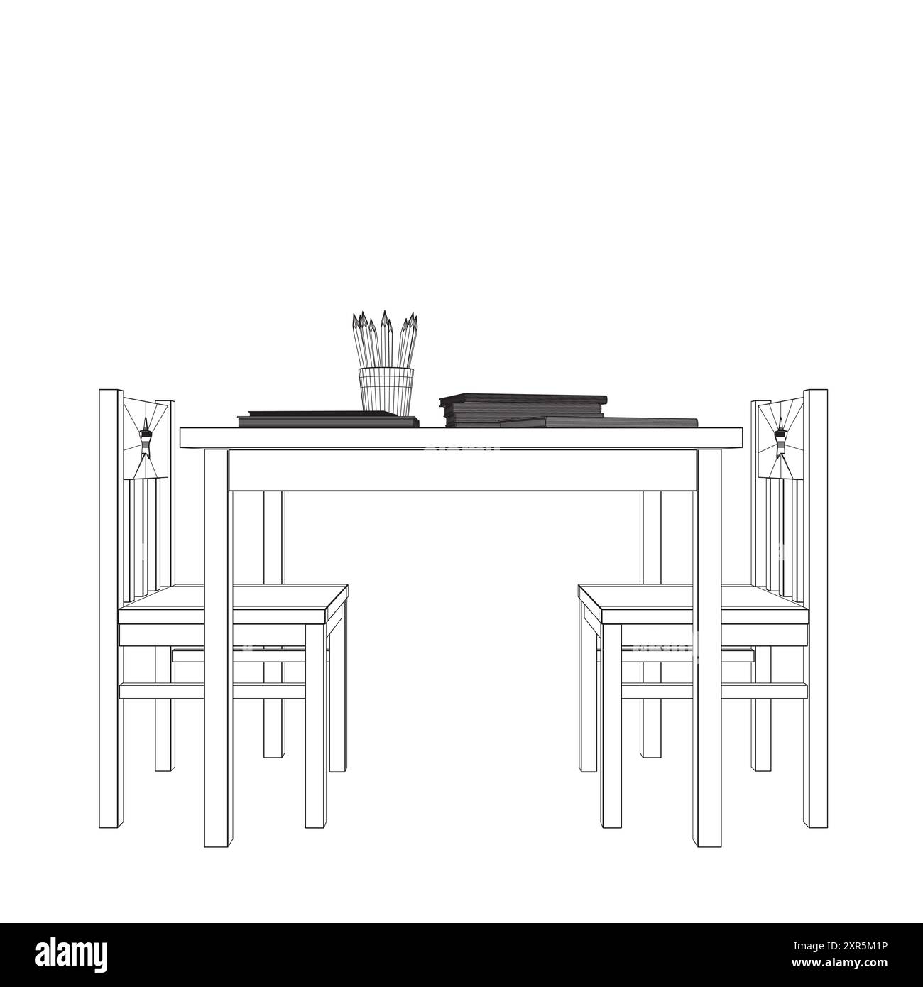Wireframe of a rectangular table with two chairs made of black lines ...