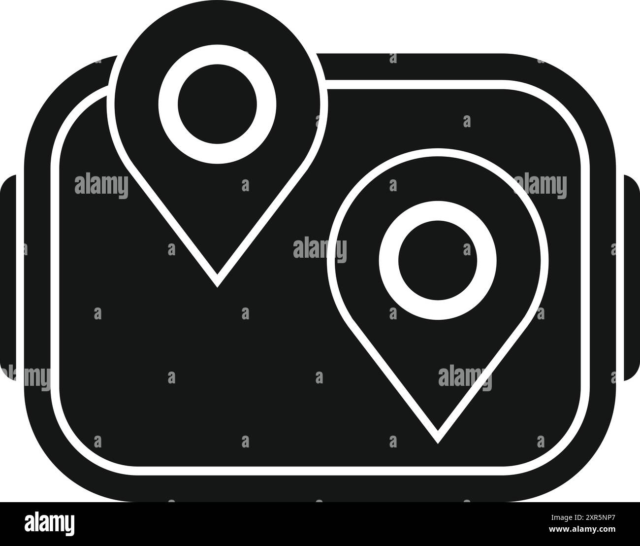 Black icon of vr glasses displaying two location pins, representing virtual travel and location ...