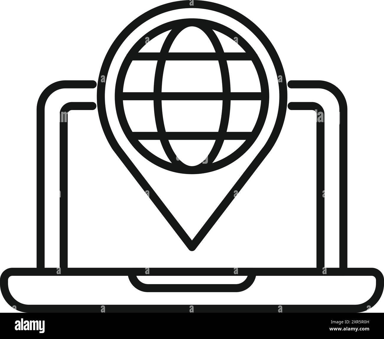 Outline icon representing a laptop displaying a global network connection, symbolized by a globe ...