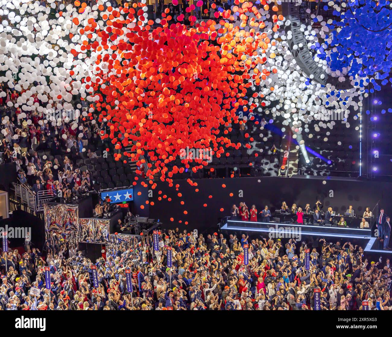 MILWAUKEE, Wis. – July 18, 2024: Balloons descend in the Fiserv Forum ...