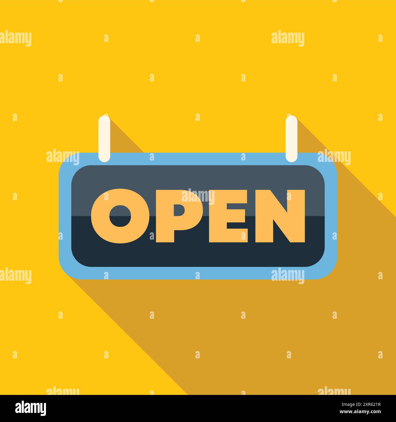Blue and yellow open sign hanging in a shop window, indicating that the ...