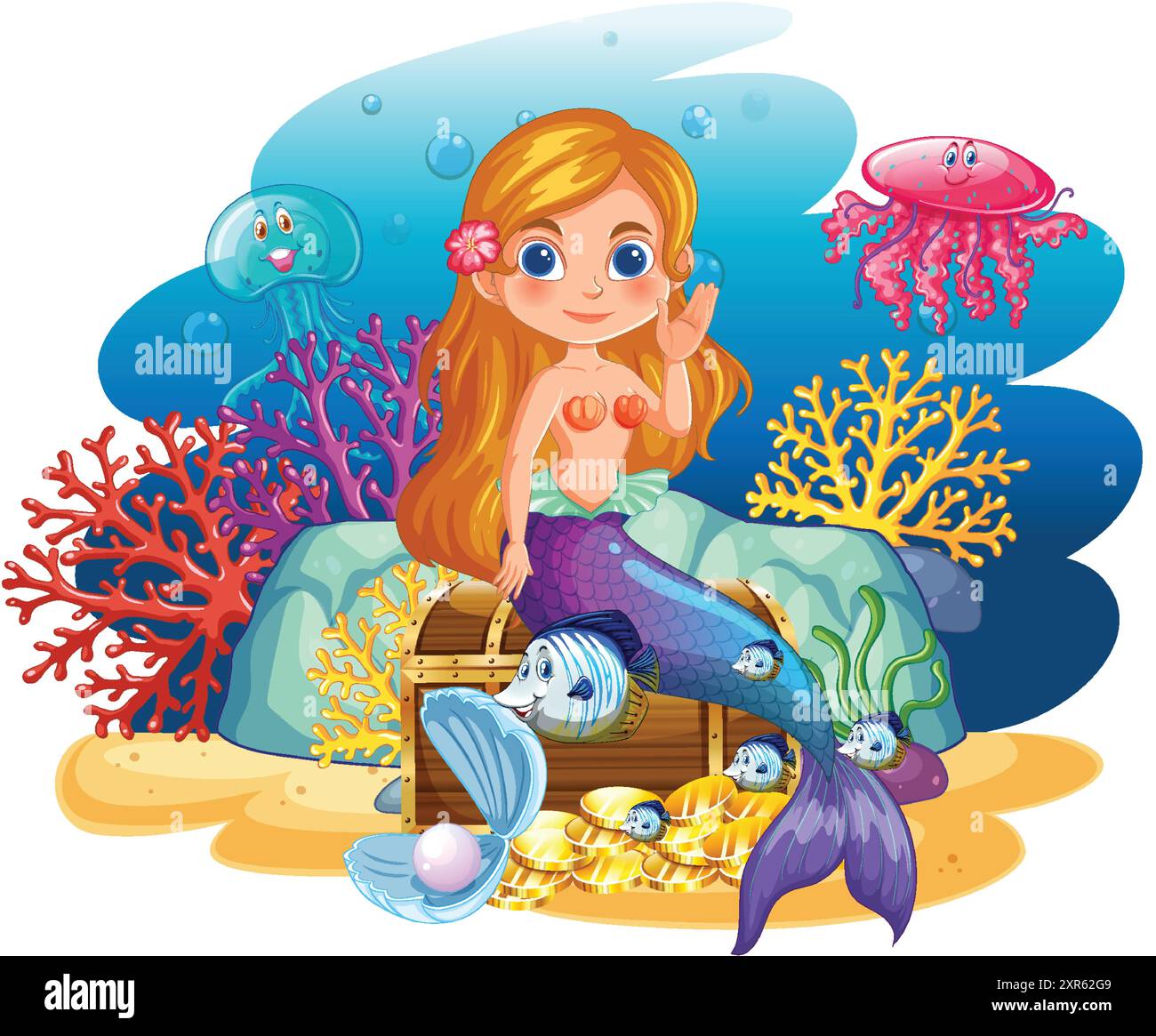 Mermaid with sea creatures and treasure chest Stock Vector Image & Art ...