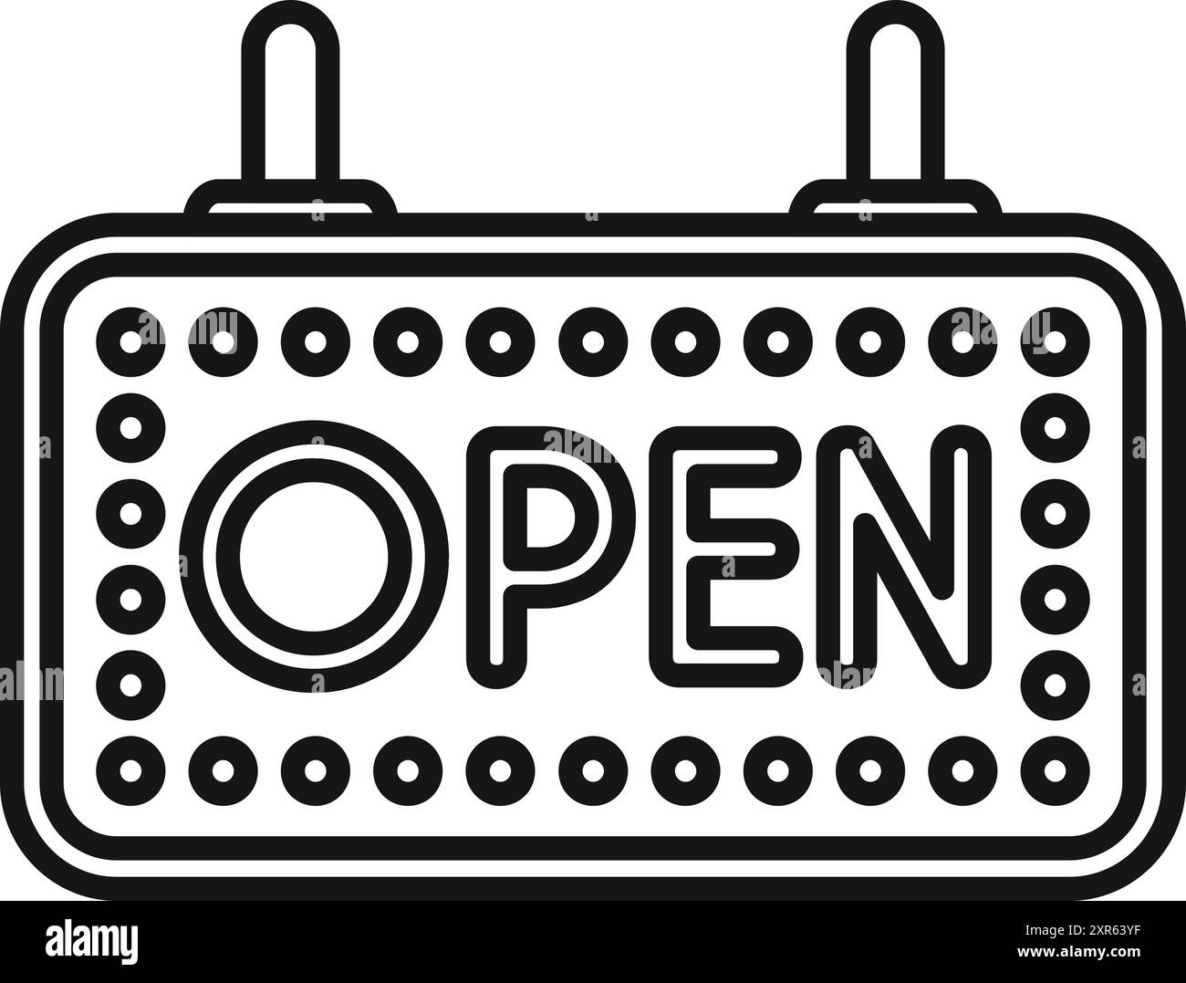 Black and white line drawing of a sign saying open, communicating a ...