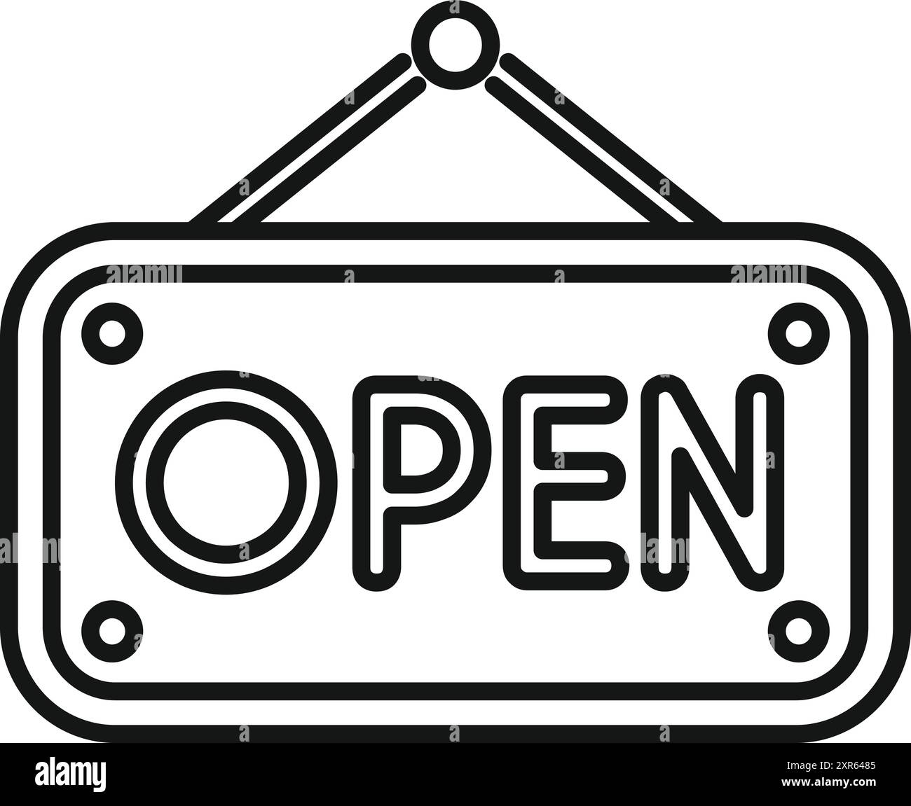Simple black and white line art of an open sign hanging, indicating a ...