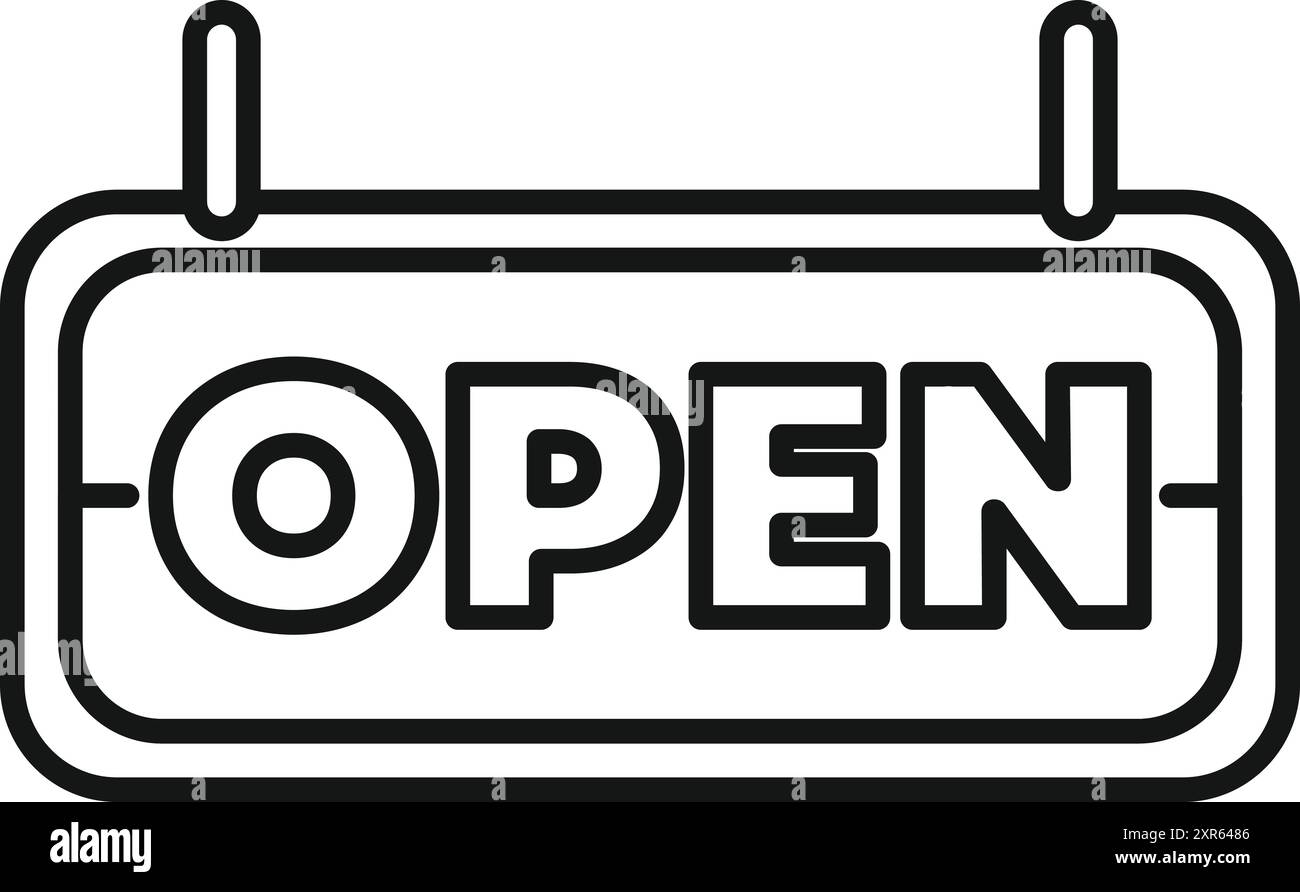 Simple black and white line art of an open sign hanging, indicating a ...