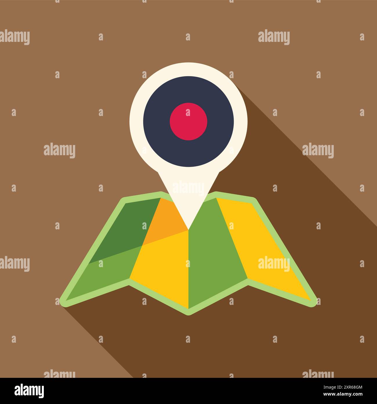 Location pin point icon is marking a place on folded paper map with ...