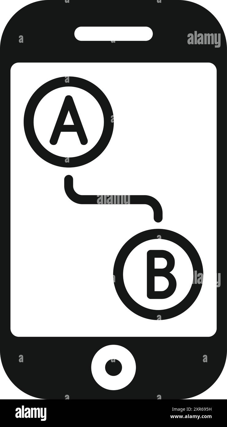 Black and white icon of a smartphone showing a route from point a to ...