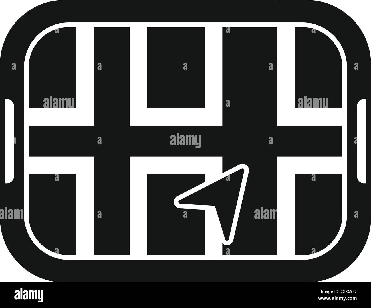 Gps navigator device showing city map with cursor pointing on screen, simple black and white ...