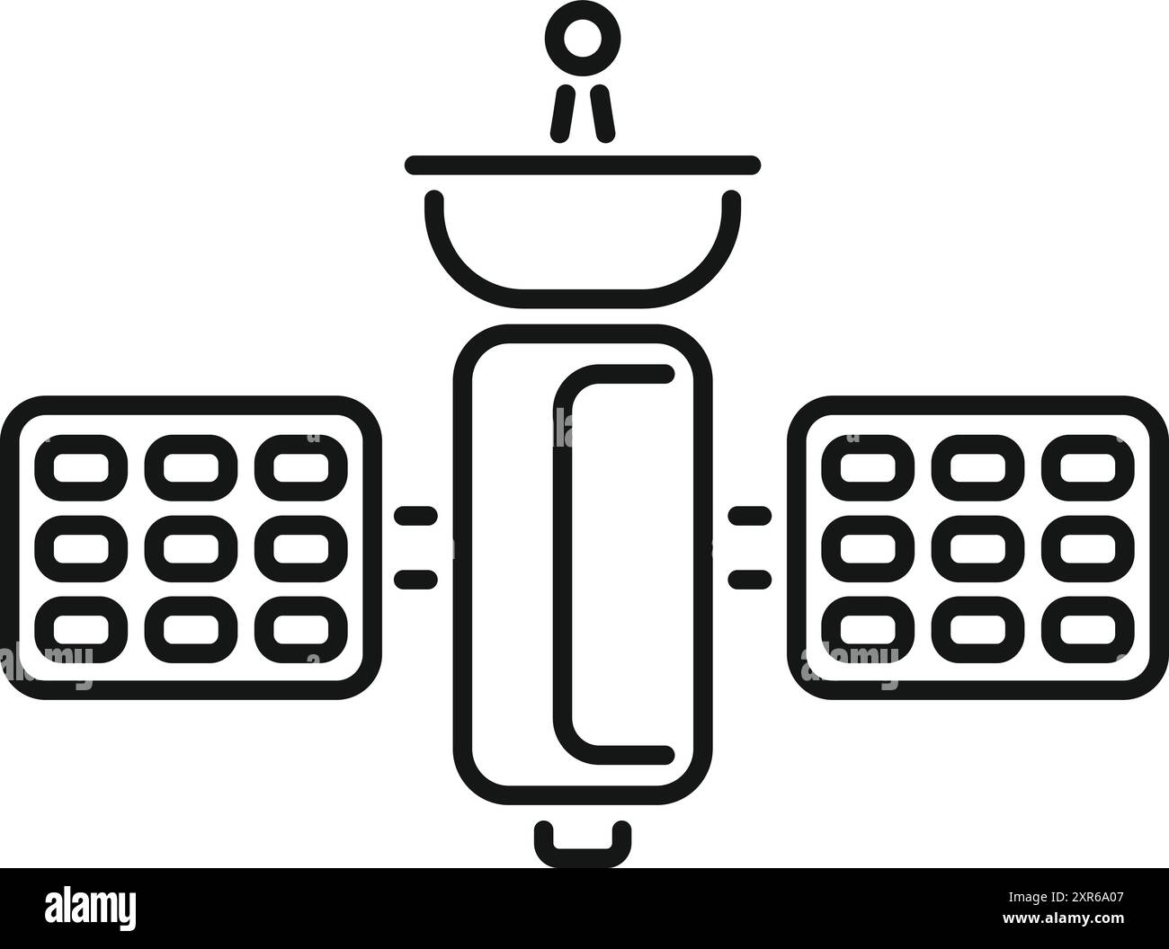 Minimalist icon of a space satellite transmitting data using radio ...