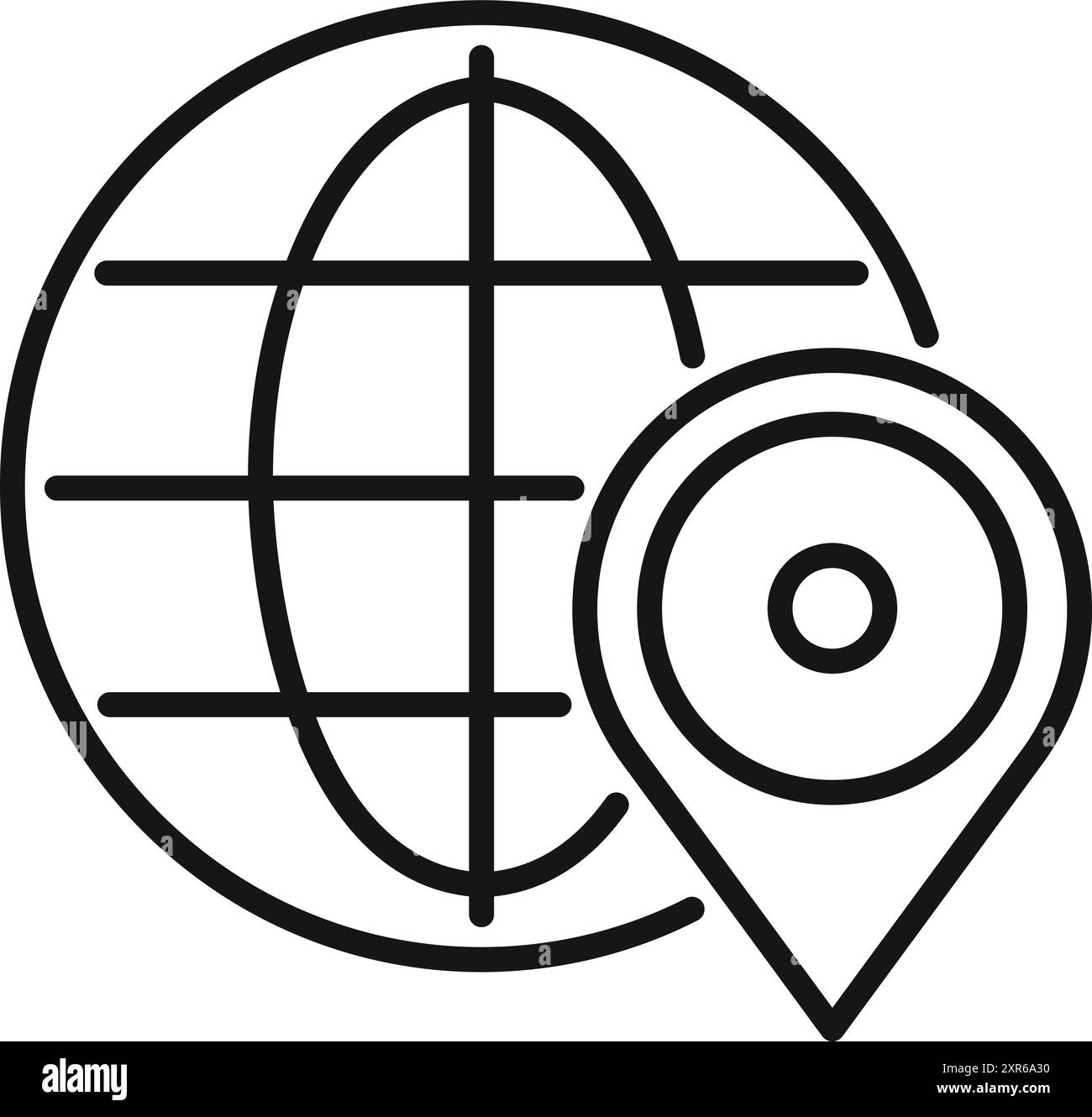 Line art icon of a location pin overlapping a globe, representing ...