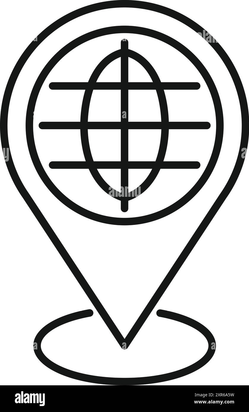 Line art icon of a map pin containing a globe representing global ...