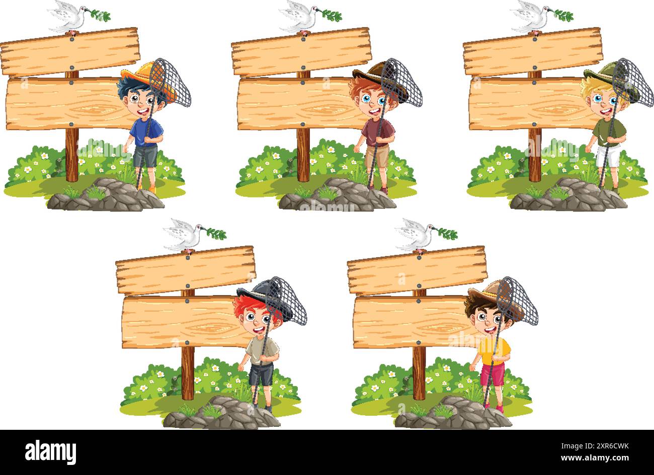 Kids standing by wooden signs in nature Stock Vector Image & Art - Alamy