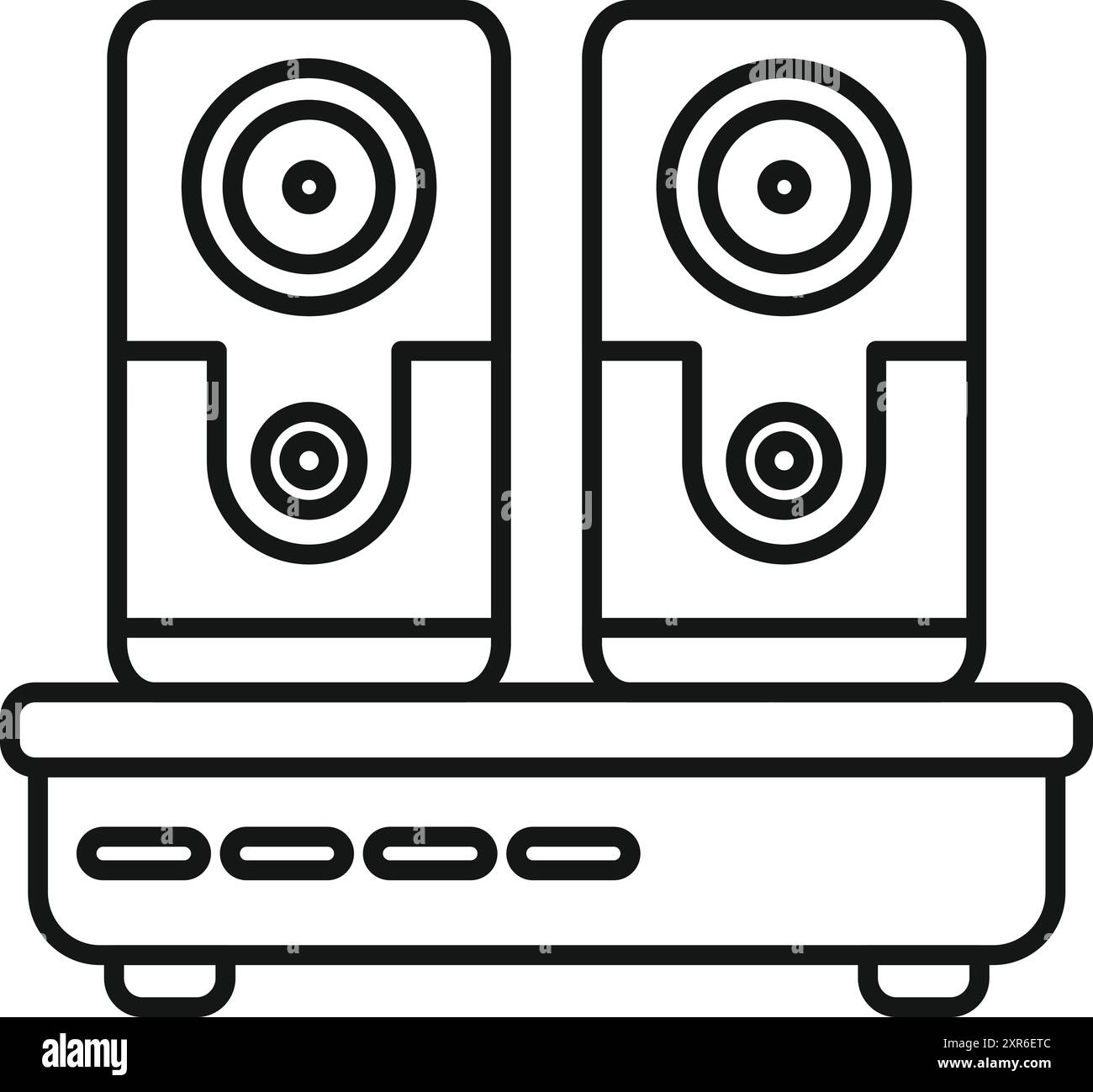 Line drawing of music center with two loudspeakers standing on platform ...