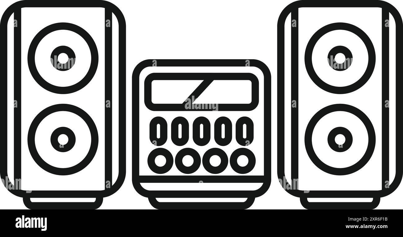 Line drawing of a music center playing music with two speakers and ...