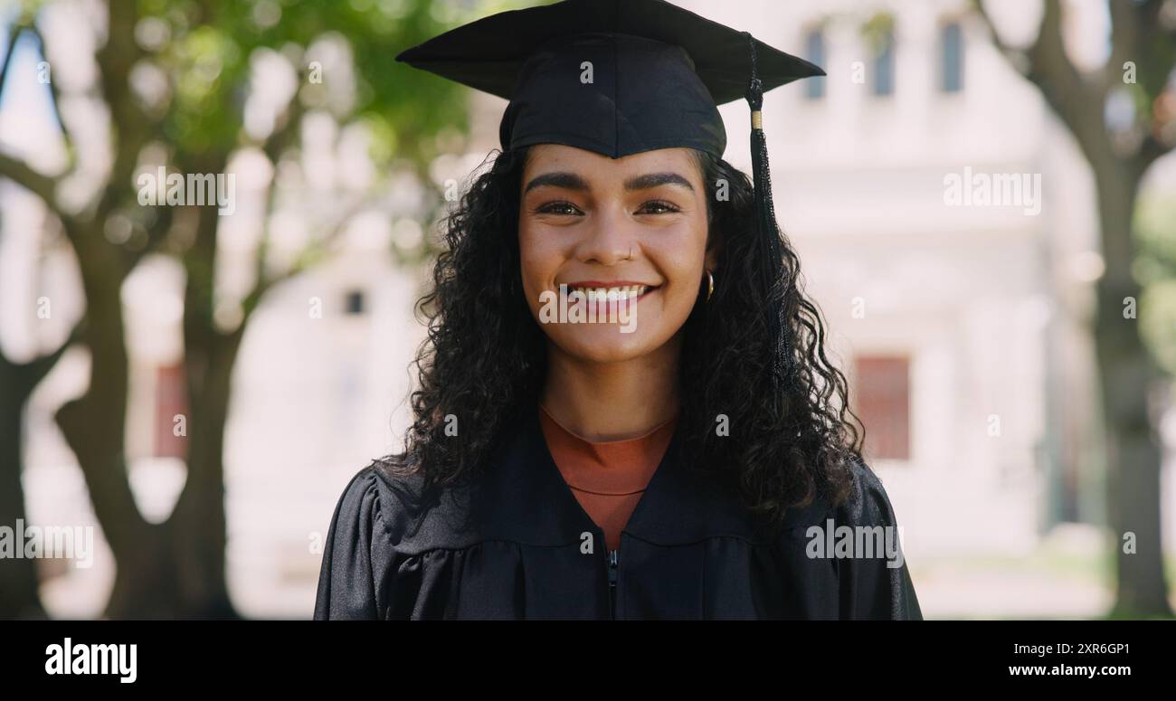 Education, girl and portrait outdoor at graduation for qualification ...